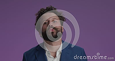 Funny Young Man with Curly Hair, Neard and Moustache Posing in Studio ...