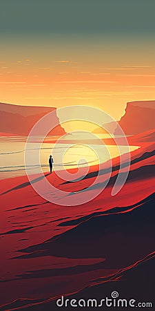 Epic Superflat Style Drawing Of Human Walking On Beach At Sunset Stock ...