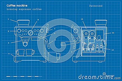 Espresso Coffee Machine Blueprint. Outline Drawing Of Coffeemaker ...