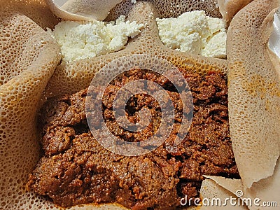Ethiopian Food Kitfo Raw Beef With Injera Bread And Cheese Stock Image ...