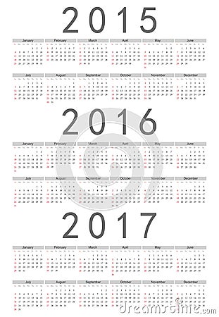 European 2015, 2016, 2017 Year Vector Calendar Royalty Free Stock Photo ...