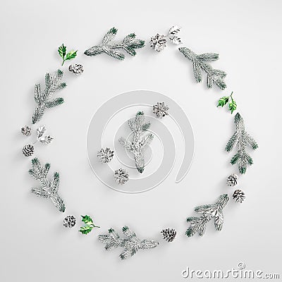Evergreen Tree Branch With Snow And Pine Cones. Square Composition ...