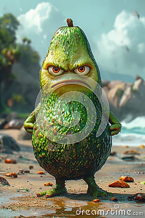 The Evil Avocado Supervillain Standing On A Tropical Beach, 3D ...