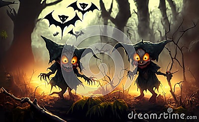 Evil Goblins And Bats In Mystical Forest At Sunset. Royalty-Free Stock ...