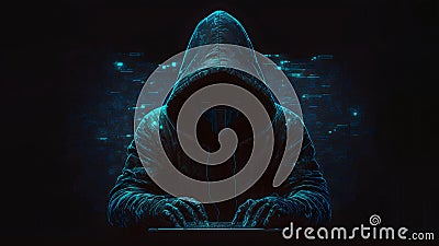 Evil Hacker In Black Hood And Mask On Dark Black-cyan Data Background ...