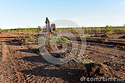 Excavator Digging Drainage Ditch In Peat Extraction Site. Drainage Of ...