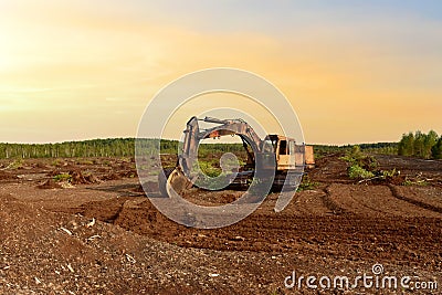 Excavator Digging Drainage Ditch In Peat Extraction Site. Drainage Of ...
