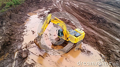 Excavator Digging Muddy Ground At Construction Site Stock Image ...