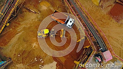 Excavator Loader Load Sand in Dumper Truck. Aerial View. Sand Work ...
