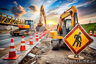 Excavators Symbol Road Construction Work Tools Road Signs Brick Stock ...