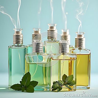 Elegant Display: Aquatic Aromas In Unlabeled Perfume Bottles Stock ...
