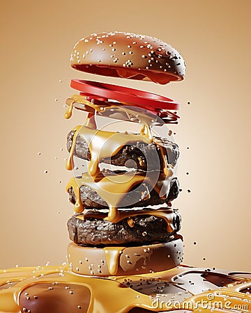 Exploded View Of Gourmet Cheeseburger With Dripping Cheese And Floating ...