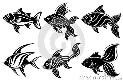 Set Of Bold High-Contrast Fish Silhouettes With Detailed Gill And Fin ...