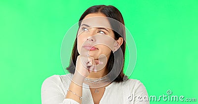 Face, Woman and Thinking of Ideas on Green Screen, Question or Remember ...