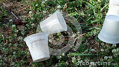 Disposable Plastic Dirty Coffee Cups Discharged Waste on Grass Ground ...