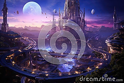 Fantasy Alien Planet. Mountain And City At Night. 3D Rendering, An ...