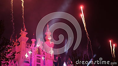 Fantasy Fairytale Castle with Fireworks Display at Night. Celebration ...