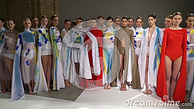 Fashion Show. Group of Models Walking on the Catwalk. Slow Motion Stock ...