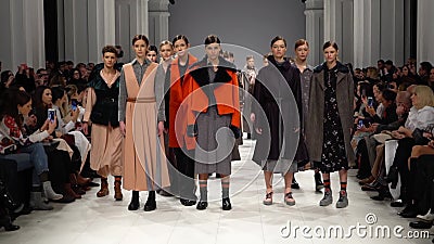 Fashion Show. Group of Models Walking on the Catwalk. Slow Motion Stock ...