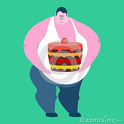 Fat Guy And Cake. Glutton Thick Man And Pie. Vector Illust ...
