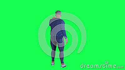 Fat Man in Blue Clothes Writing Slogan on Wall from Back Angle on Green ...
