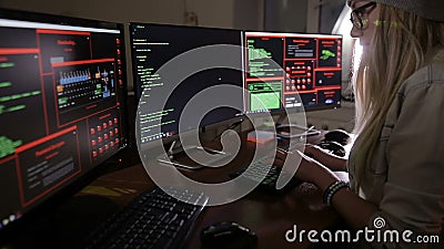 Female Computer Programmer Coding, Hacking in Dark Room. Stock Footage ...