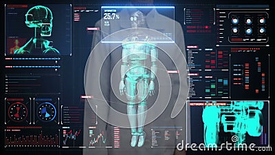 Female Doctor Touching Digital Screen, Scanning Robot Cyborg Body in ...