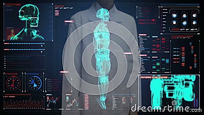 Female Doctor Touching Digital Screen, Scanning Robot Cyborg Body in ...