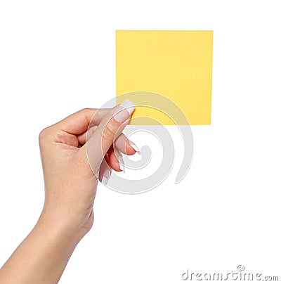 Female Hand Holding Note Paper, Isolated On White, Yellow Sticker Stock ...