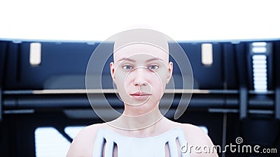 Female Robotic Droid In Sci Fi Futuristic Metall Room. Future Concept ...