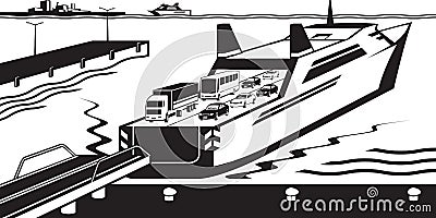 Ferry Boat Docked In Port Cartoon Vector | CartoonDealer.com #86662527