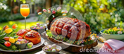 Festive Easter Brunch Spread With Glazed Ham, Easter Eggs, Salads, Assorted Appetizers And ...