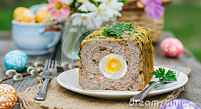 Festive Easter Drob De Miel Meatloaf With Boiled Egg Center On Outdoor ...