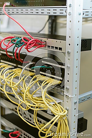 Fiber Optic In Server Room Close Up. Many Wires Connect To The Network ...