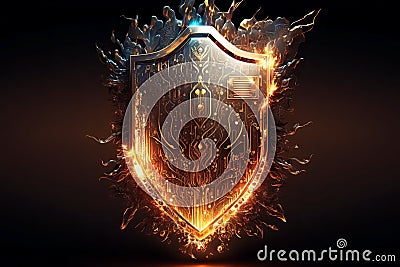 Fiery Burning Shield Is On Fire. Cybersecurity Online On Internet And ...