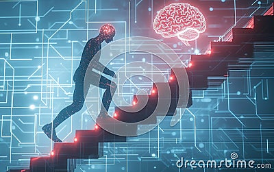 A Figure Ascending Illuminated Steps Toward A Glowing Brain Symbol ...