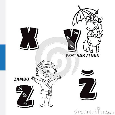 Finnish Alphabet. Unicorn, Sambo. Vector Letters And Characters ...