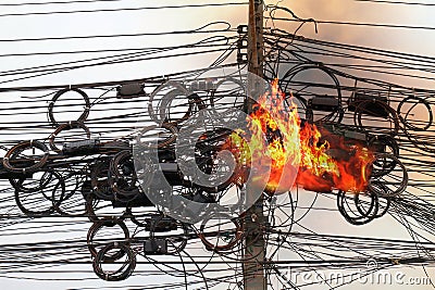 Fire Burning High Voltage Cables Power, Danger Wire Tangle Cord ...