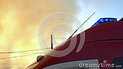 Fire Engine with Flashing Lights on a Background of Smoke from a Fire ...