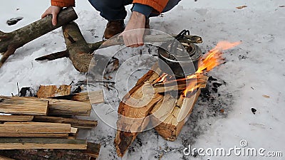 Fire in Falling Snow on Frozen Lake Stock Video - Video of broil ...