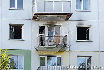 Fire In A Residential, Apartment Building. Opened, Broken Windows Of A ...