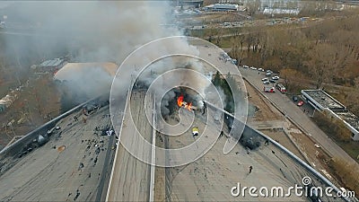 Aerial View of the Firefighters Extinguish a Large Fire on the Roof of ...