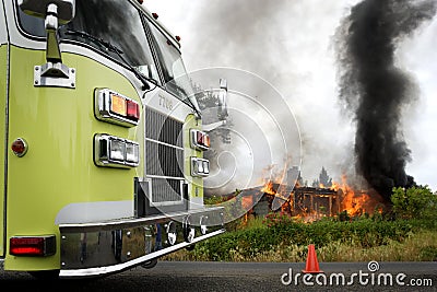 Fire truck at house fire - Stock Image - Everypixel