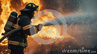 A Firefighter In Full Gear Holding A Hose And Directing Water During ...