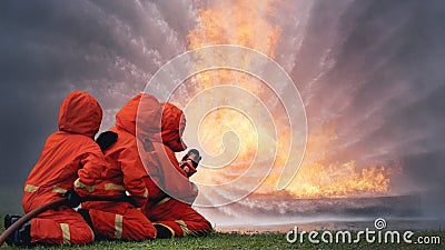 Firefighter Rescue Team Training In Fire Fighting Extinguisher ...