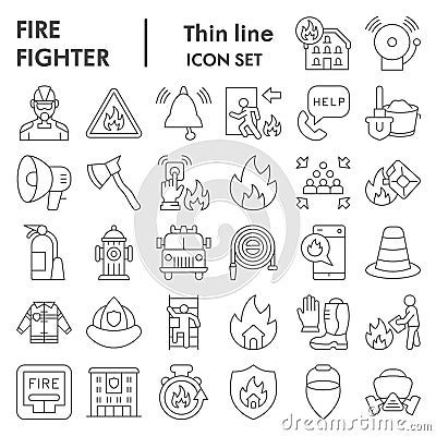 Firefighter Thin Line Icon Set, Fire Safety Symbols Set Collection Or ...