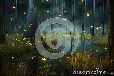Fireflies Creating A Natural Light Show Among Swamp Plants Royalty-Free ...