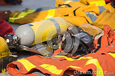 Fireman Oxygen Mask And Air Tank With Equipment Prepare For Operation ...