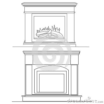 Fireplaces One Continuous Line Drawing, Sketch, Isolated Vector ...