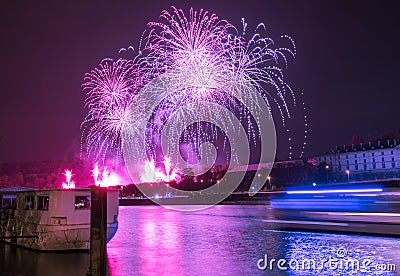 Fireworks Over the Water Holiday Light. Night Cityscape Scene. Neva ...